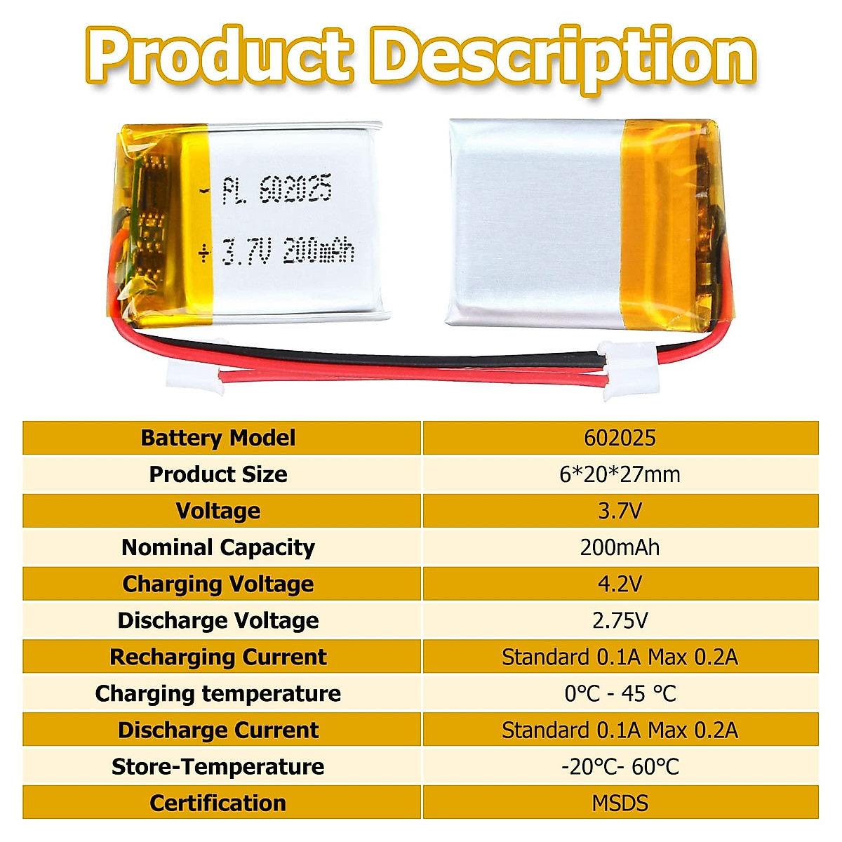 AKZYTUE 3.7V 200mAh 602025 Lipo Battery Rechargeable Lithium Polymer ion Battery Pack with PH2.0mm JST Connector