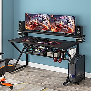 Tribesigns Gaming Desk with Storage Shelf and 59 inches Monitors Shelf, 47 inches PC Computer Desk, Home Office Table Gamer Workstation with CPU Stand and Headphone Hook/CD Holder (47)