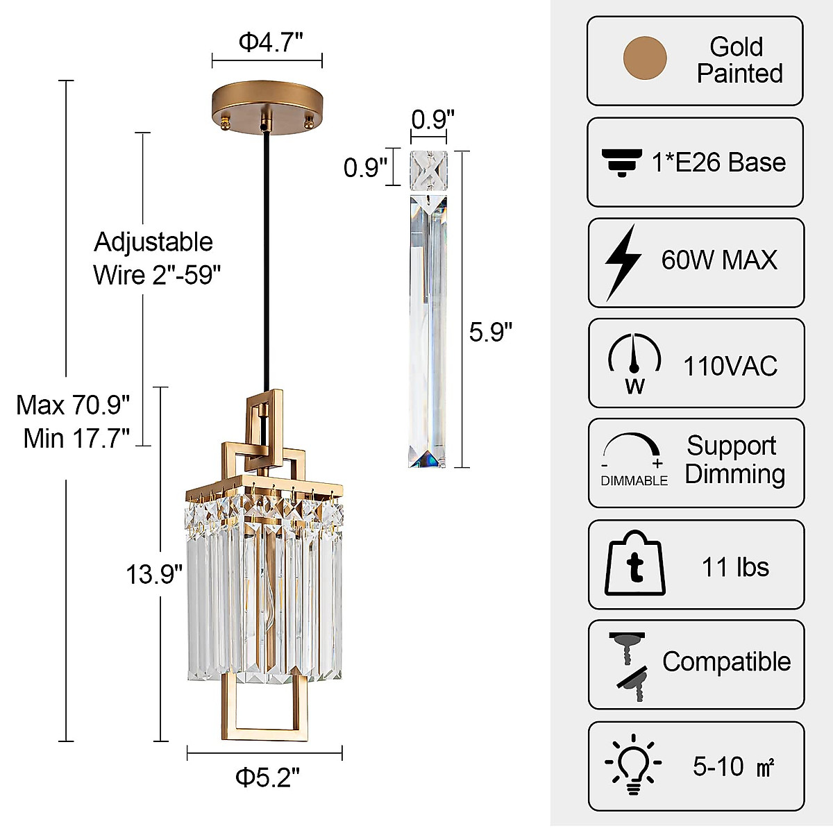 lighceac Modern Gold Pendant Light Fixtures for Kitchen Island and Dining Room, Industrial Small Hanging Crystal Chandelier Light Fixture for Bedroom Entryway Living Room Foyer Hallway 3-Pack