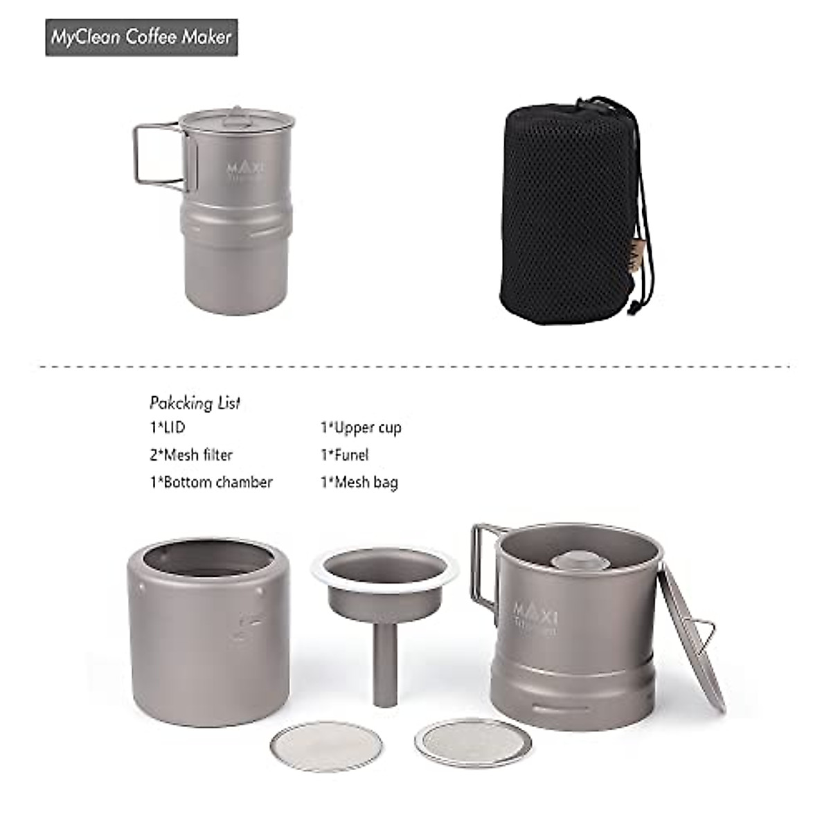 Maxi Coffee Maker, Titanium Moka Pot, 5oz each brew, backpacking friendly