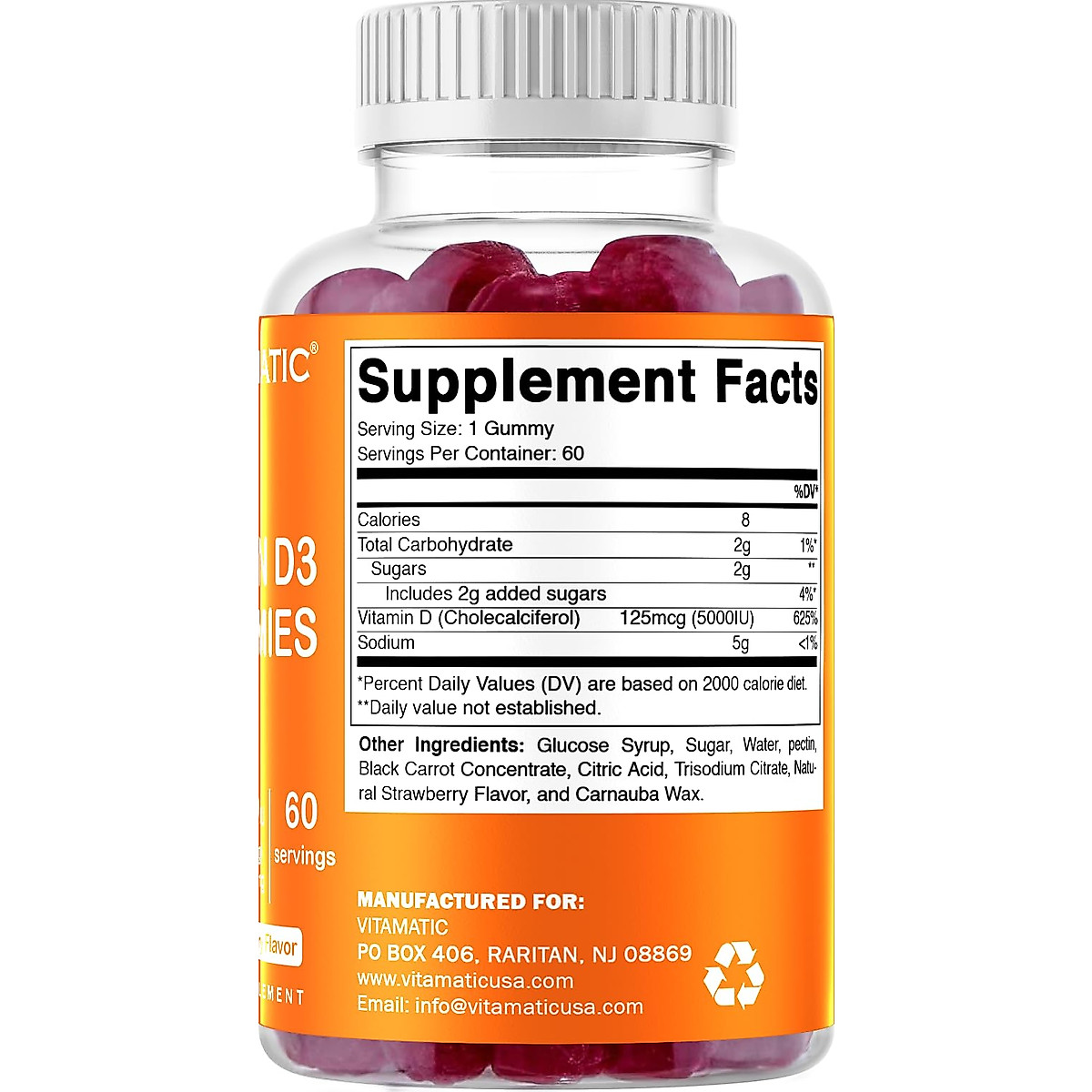 Vitamatic Vitamin D3 Gummies - 5000 IU Per Gummy - 60 Gummies - Great Taste - Healthy Bones, Teeth, Mood, Joint & Immune System Function