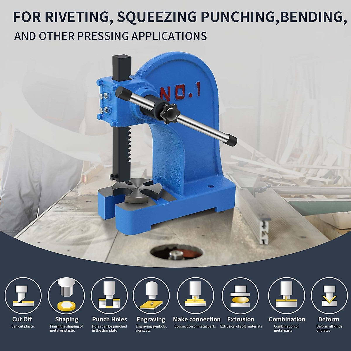 PNBO 1 Ton Manual Arbor Press,Heavy Duty Cast Iron Desktop Punch Press Machine, for Riveting Punching Holes