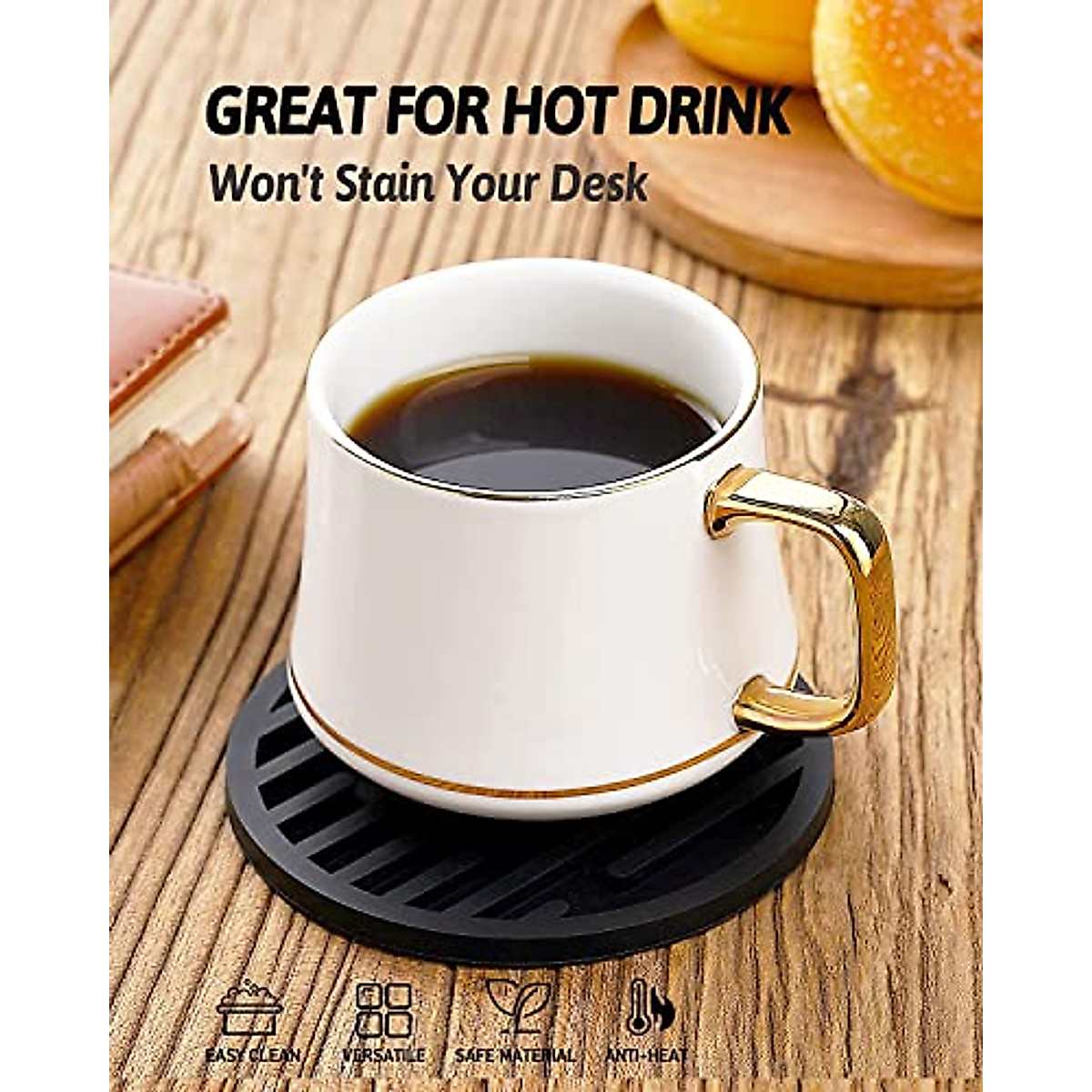 Silicone Coasters Set Drink Coaster - Desk Coaster with Coaster Holder,Black Coasters for Desk,Fits Most Size of Drinking Glasses and Cup,Anti-Slip,Non-Stick,Easy to Clean