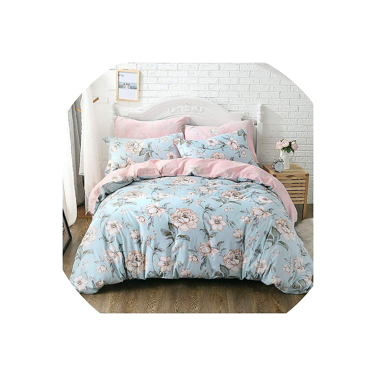 FADFAY Floral Duvet Cover Set 100% Combed Cotton Bedding Sets Reversible Zipper Bedding Chic Floral Bed Sheets (4-Piece, Full Size, 1 Duvet Cover, 1 Flat Sheet, 2 Pillowcases)