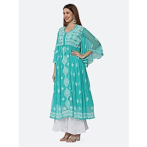 FAWOMENT Women's Lucknowi Chikan Embroidery Exclusive Panel Gown alongwith Kurti (S, Aqua Green)