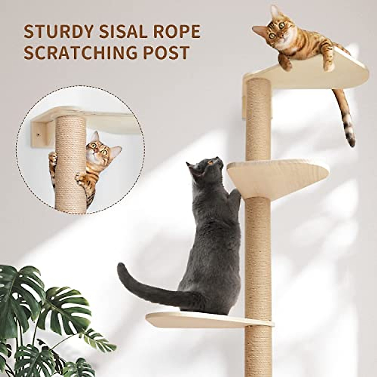 Wood Cat Tower Floor to Ceiling Adjustable, Cat Tree Tall Cat Scratching Post, Cat Wood Tree with 3-Tier Floor for Climb, Cat Climbing Tower Vertical with Natural Sisal Rope