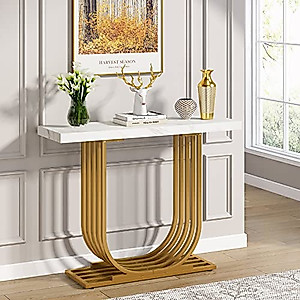 LITTLE TREE Entrway Top Modern Gold Console Table, Faux Marble White & Gold