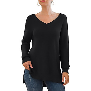 GRECERELLE Women's V-Neck Long Sleeve Side Split Loose Casual Knit Pullover Sweater Blouse Black-Medium