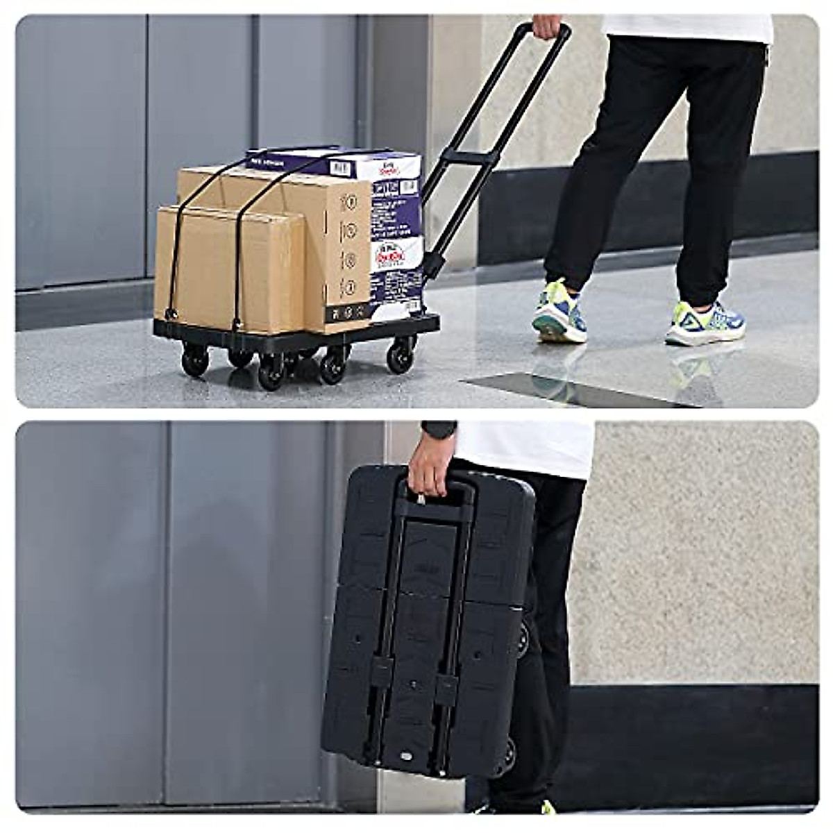 LEMONDA 6 Wheels Folding Hand Truck with 2 Elastic Ropes,400lbs Heavy Duty Luggage Cart,Utility Dolly Platform Cart for Car House Office Luggage Moving
