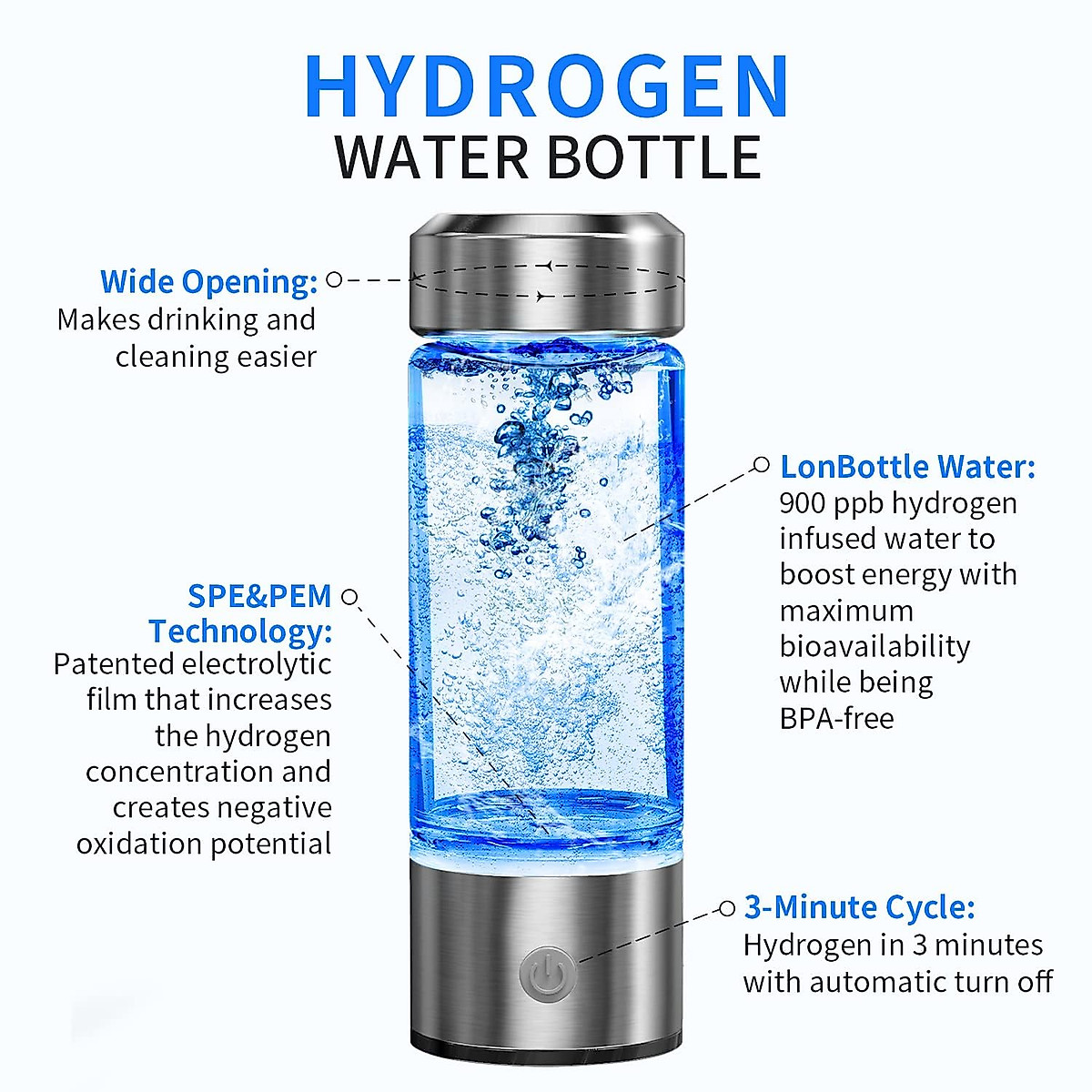 Hydrogen Water Bottle, Portable Hydrogen Water Ionizer Machine, Hydrogen Water Generator, Rechargeable Hydrogen Rich Water Glass Health Cup for Home Travel（Silver）
