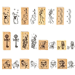 Wooden Plant Patterns Rubber Stamp - Plant and Flower Decorative Wooden Rubber Stamp Set for DIY Craft Card Scrapbooking Supplies Photo Album, Hand Book, Planner, Scrapbooking, 12Pcs (Young Girl)