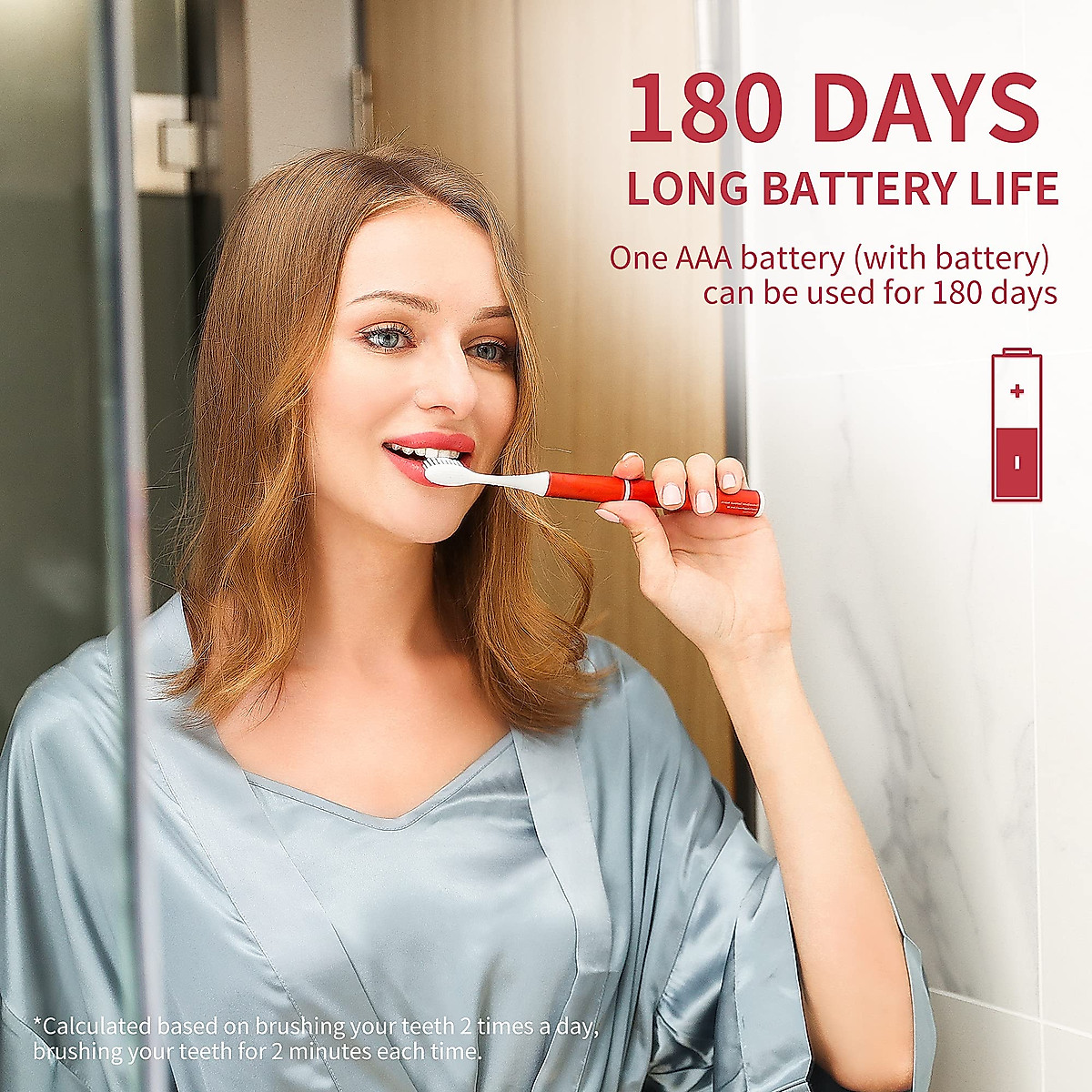 Flexforce Battery-Operated Electric Toothbrush 2 Brush Heads & Travel Version Battery Extra Soft Toothbrush -V1 Carmine Red
