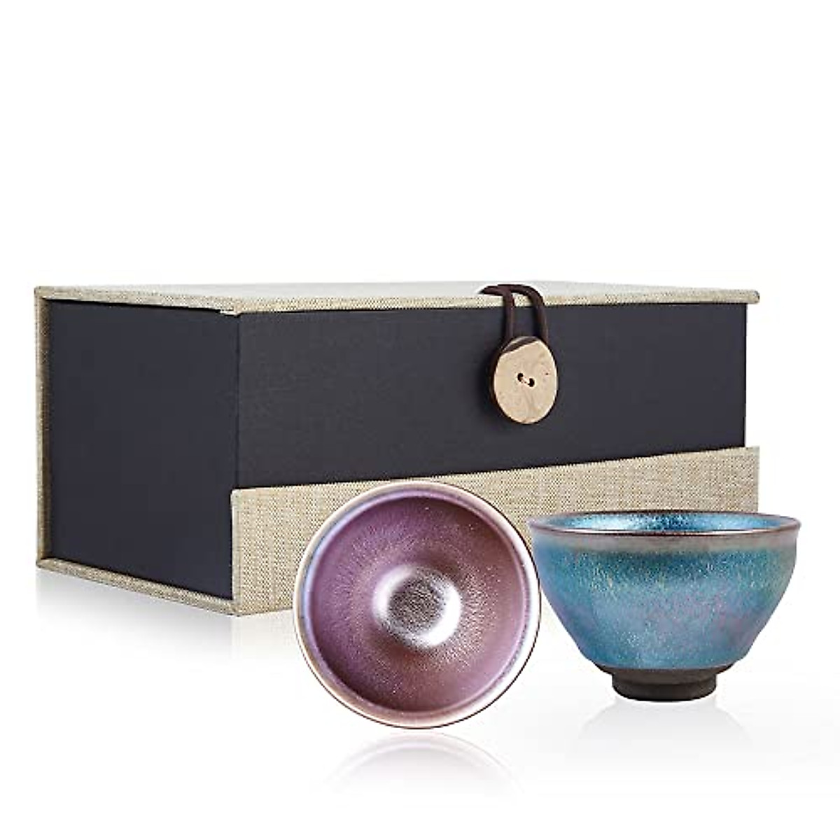 KALEFUCHA Handmade Chinese Tenmoku Tianmu Jian Zhan Gongfu/Kungfu Tea Cup With Certificate and Gift Box, Set Of Two Jianzhan Tea Ceremony Cups in Japanese Style. 155 ml (5.24 oz)