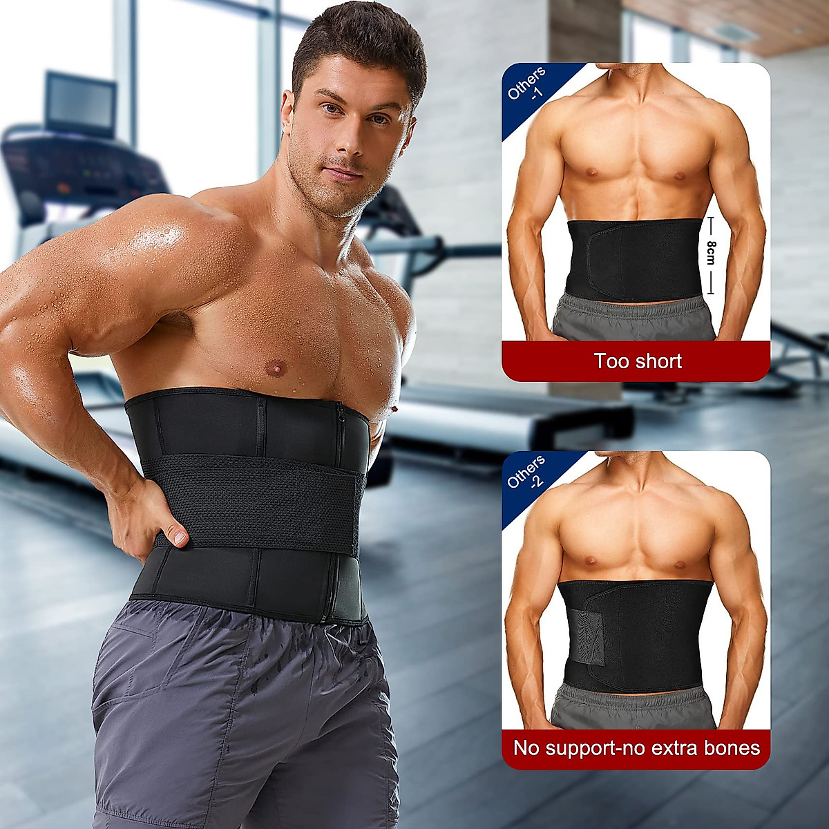 MOLUTAN Waist Trainer for Men Waist Trimmer with Adjustable Sweat Belt Back Support Corset Compression Girdle Sauna Suits Black