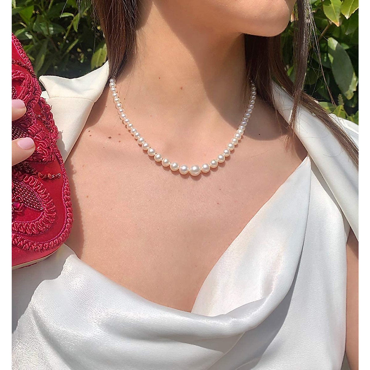 14K Yellow Gold AAA Freshwater Cultured White Round Pearls, 4mm-9mm Graduated 18" Strand Pearl Beads Necklace with Fishhook Clasp, Pearls Necklace Jewelry for Brides and Bridesmaids