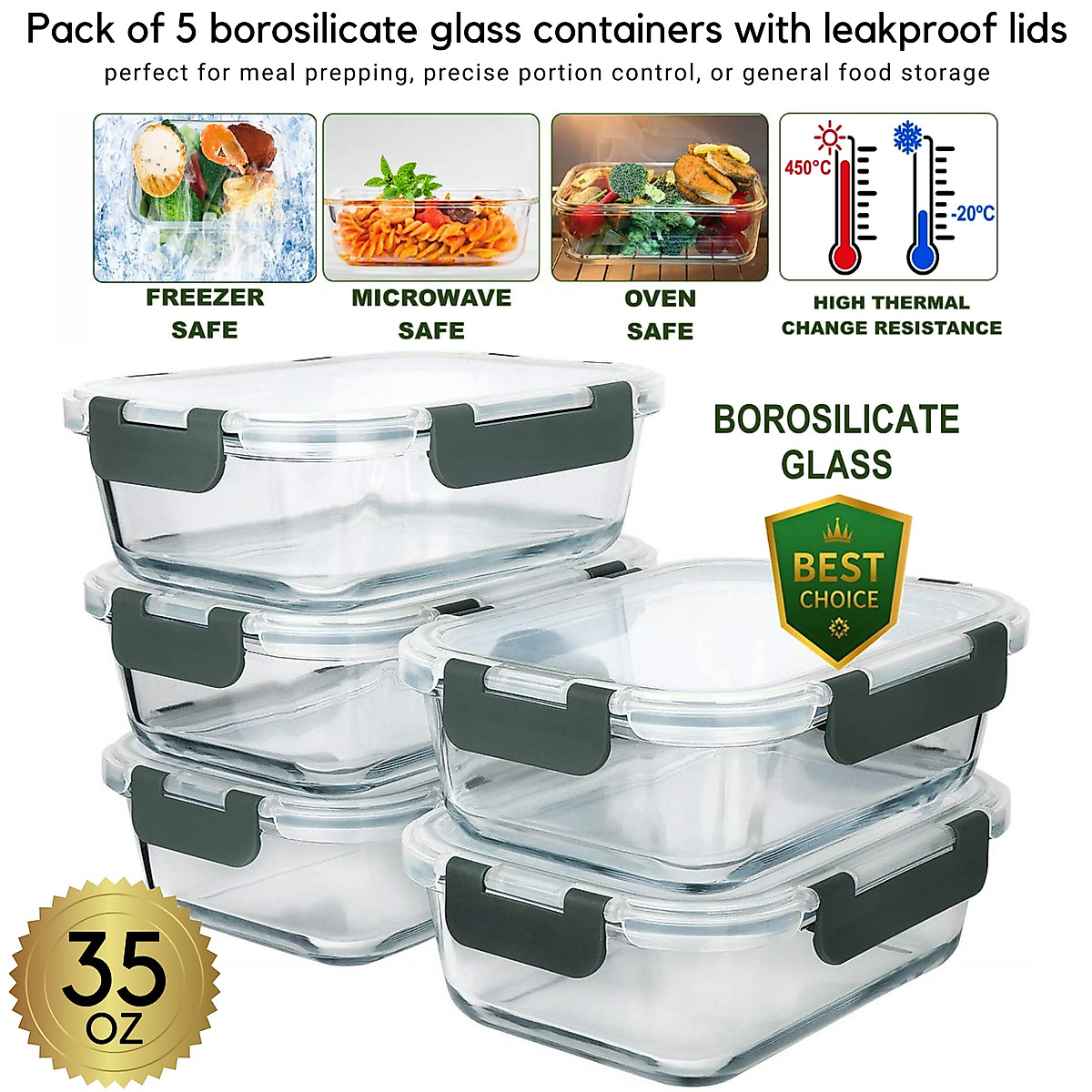 Brieftons Glass Meal Prep Containers: 5 Pack, 30 Oz with Airtight, Leakproof Snap Locking Lids, Perfect for Food Storage, Lunch & Portion Control, BPA-Free, Microwave, Oven, Freezer & Dishwasher Safe