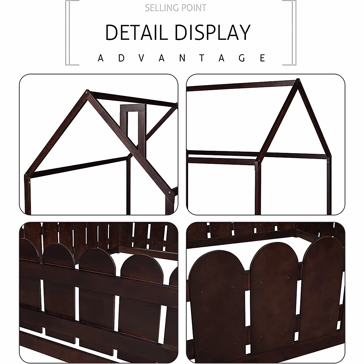 Harper & Bright Designs Twin House Bed Frame for Kids, Montessori Floor Bed Twin with Fence-Shaped Rails, Wood Toddler Twin Floor Bed Frames for Girls, Boys(Twin, Espresso)