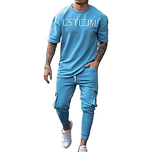 TZIISOA Men's Tracksuits 2 Piece Outfit Casual Short Sleeve Sweat (Blue,L)
