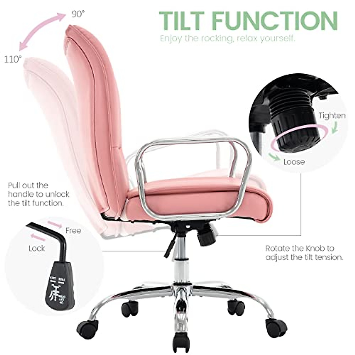 MFD LIVING Home Office Chair, Modern Upholstered Mid-Back PU Leather Task Desk Chair with Arms, Adjustable Rocking Swivel Computer Chair with Wheels (Pink)