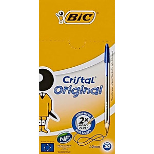 Bic Cristal Original Ballpoint Pens, Medium Point (1.0 mm) Every-Day Writing Pens with Clear Barrel, Blue, Box of 50