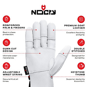 NoCry Leather Work Gloves with Reinforced Palms and Fingers and Adjustable Wrists; Made with 100% Goat Leather; Great Gardening Gloves for Men and Women; Tough Enough for Construction Work Too, Small