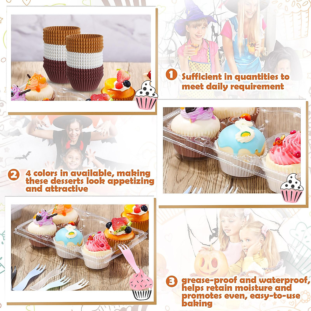 Uiifan 25 Pcs x 6 Counts Stackable Cupcake Carrier Holders with 300 Cupcake Liners and 150 Spoons, Plastic Cupcake Boxes for 6 Cupcakes Clear Disposable Container with Detachable Tall Dome Lid