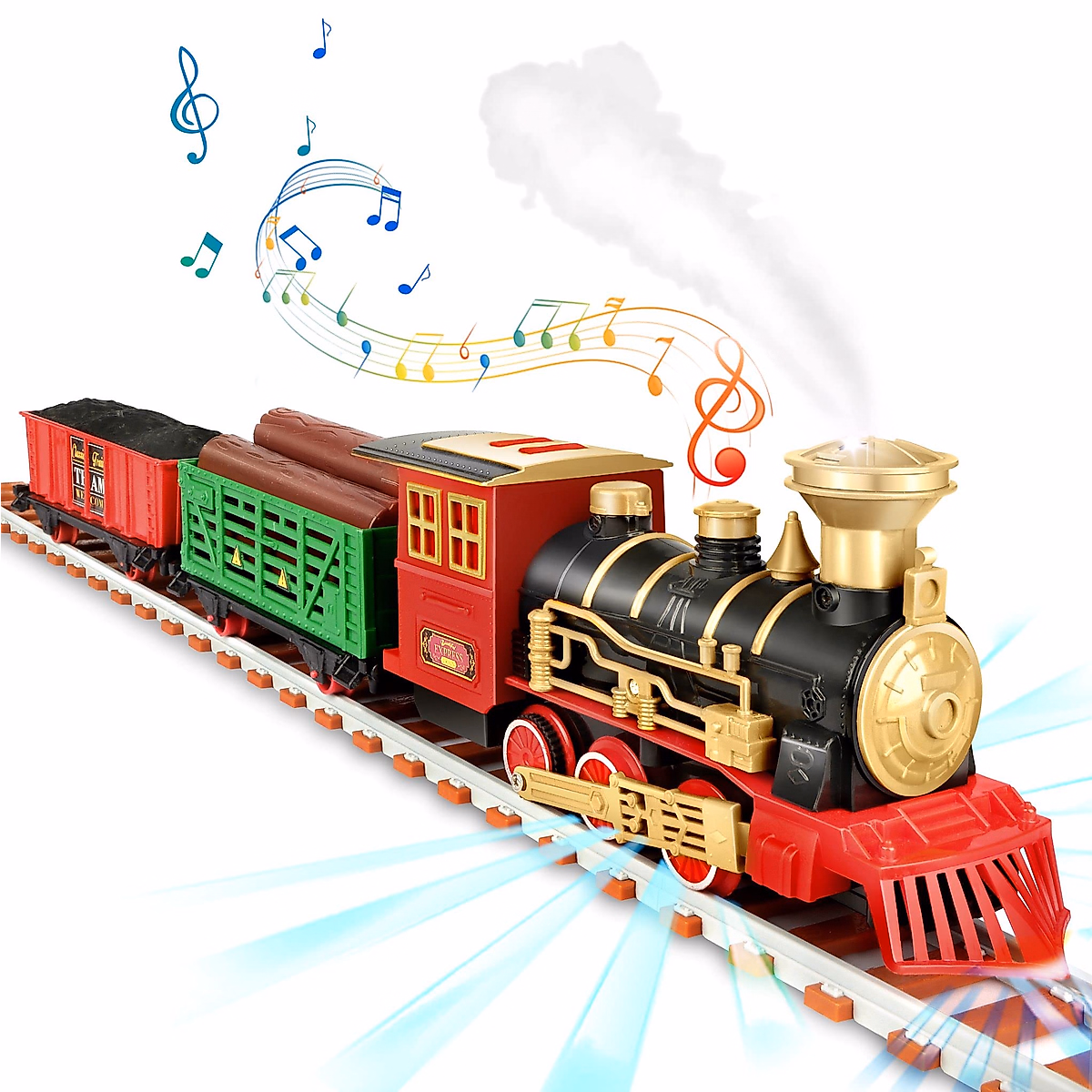 Ouriky Train Set - Electric Steam Train Set Toy for Kids with Smokes, Lights & Sounds, Railway Kits, Cargo Car & Tracks, Christmas Train Sets Under The Tree Gift for Boys Girls