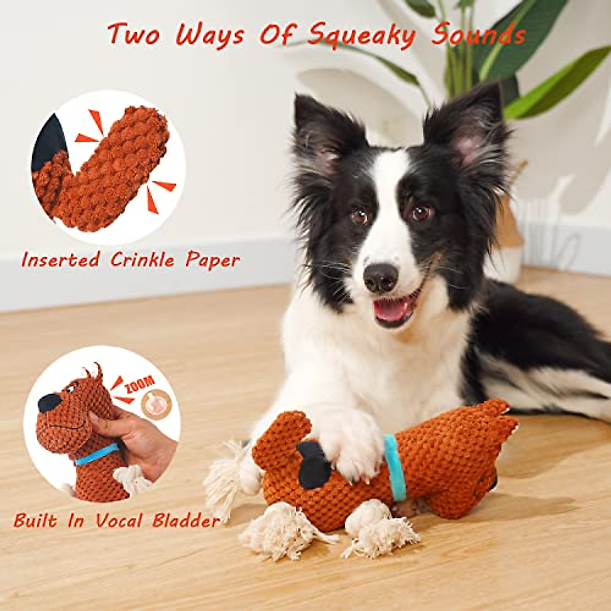 napojoy Dog Toys, Stuffed Dog Toys for Medium Large Dogs Boredom, Squeaky Dog Chew Toy with Crinkle Paper, Outdoor Puppy Toys Interactive Tough Plush Rope Toys for Stimulating