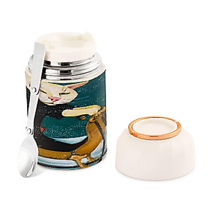 CUPADA Sled Funyy Cat Food Jar, Cute Pets White Insulated Hot Food Jars Vacuum 17OZ with Folding Spoon for Work Trip Picnic Camping