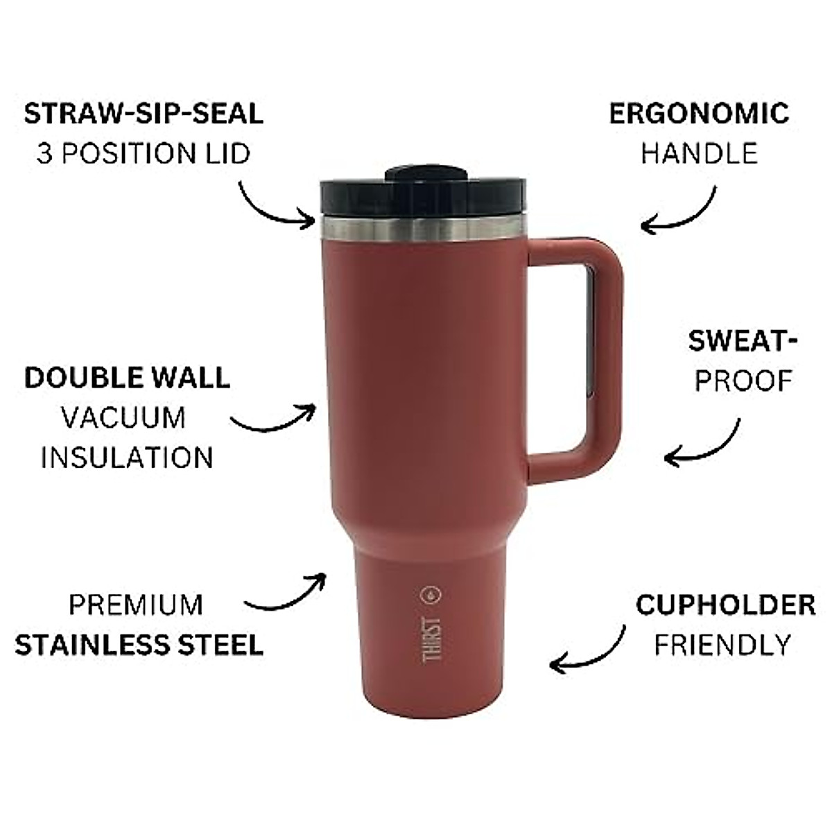 THIRST Quench H2.0 40 oz tumbler with handle and straw | Stainless Steel Tumbler | Insulated Tumbler | Double Wall Mug | Thermos | Cup | Water Bottle (New Generation Lid & Straw) (Red Rust)