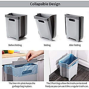 Auhafaly Hanging Collapsible Trash Can - 9L Wall Mounted Foldable Waste Bin for Kitchen Cabinet Door - Quickly Clean Counter, Sink, Bathroom - RV, Car, Camping Folding Garbage Basket (Gray)