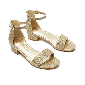 Athlefit Girls Sandals Open Toe Ankle Strap Low Heels Girl Dress Shoes For Toddler Little Big Kid Gold Glitter Size 1