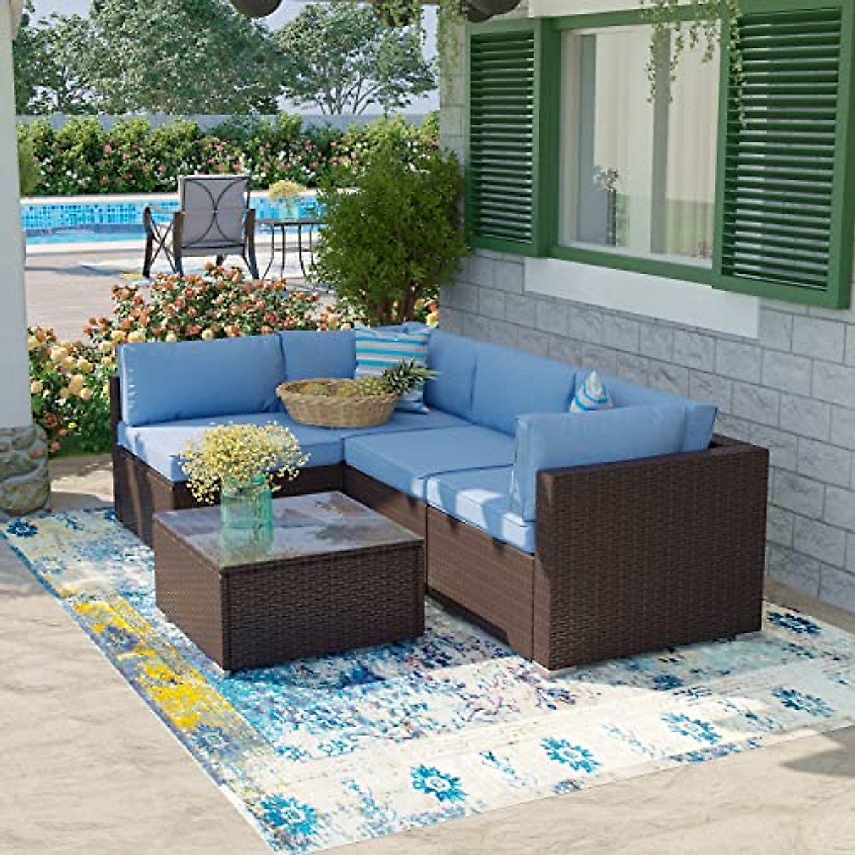 SUNBURY 5-Piece Outdoor Sectional Brown Wicker Sofa, PE Rattan Patio Furniture Set w Blue Cushion, Tempered Glass Table, Weatherproof Cover for Backyard
