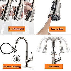 Bushed Nickel Kitchen Faucet with Pull Down Sprayer and Brush, Single Handle High Arc Single Hole Pull Out Kitchen Sink Faucets with Sprayer, Stainless Steel, APPASO