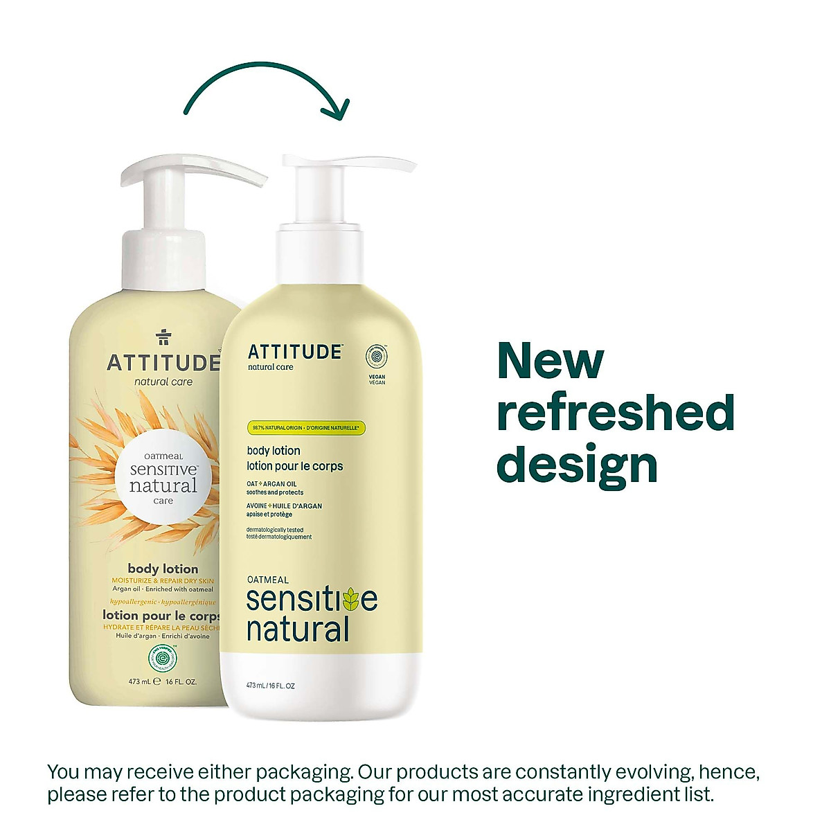 ATTITUDE Body Lotion for Sensitive Skin with Oat, EWG Verified, Dermatologically Tested, Vegan, Argan Oil, 16 Fl Oz