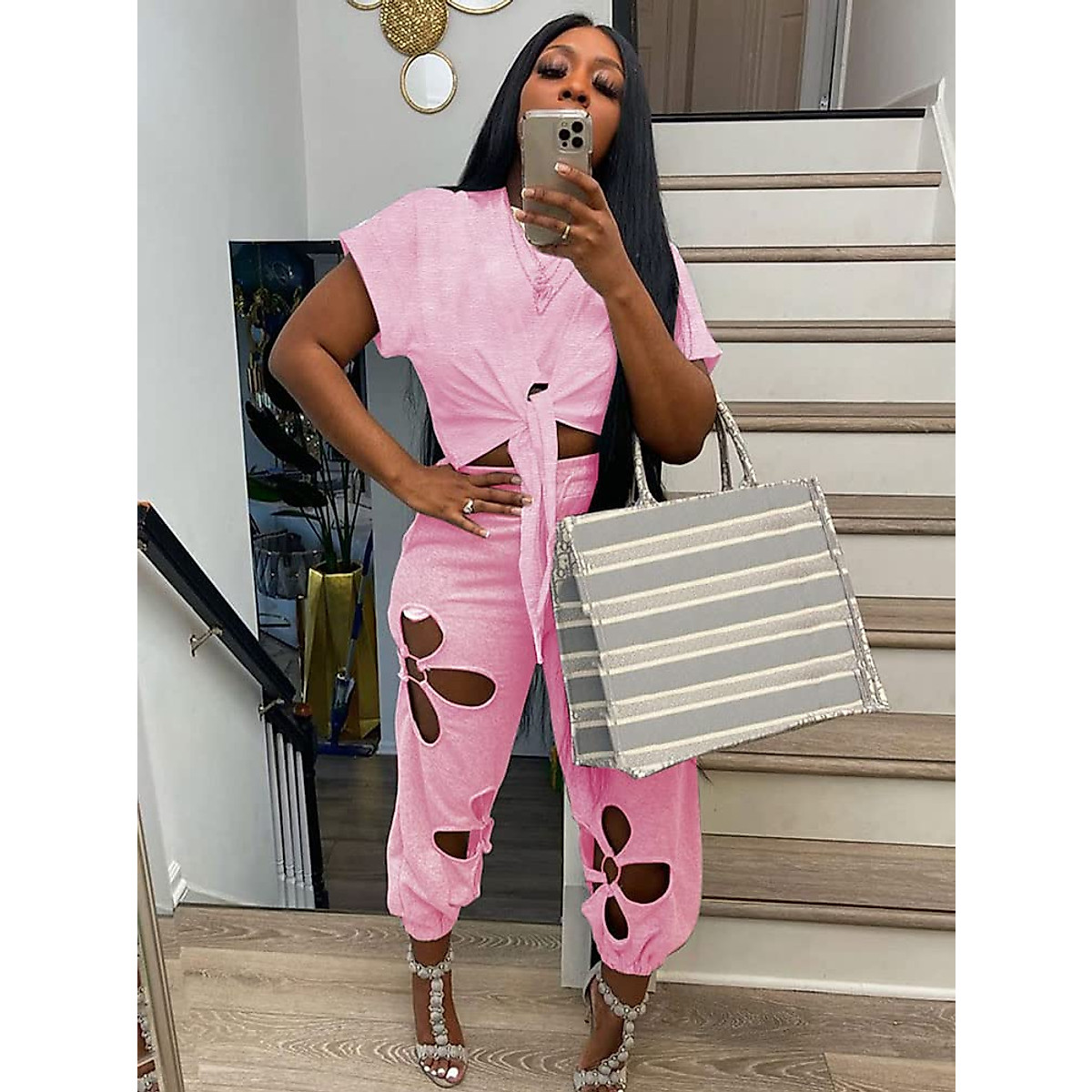 KEYUFANG Women 2 Piece Outfit Pullover Crop Top Cinch Bottom Sweatpants Sweatsuit Pink Workout Outfit Set for Women