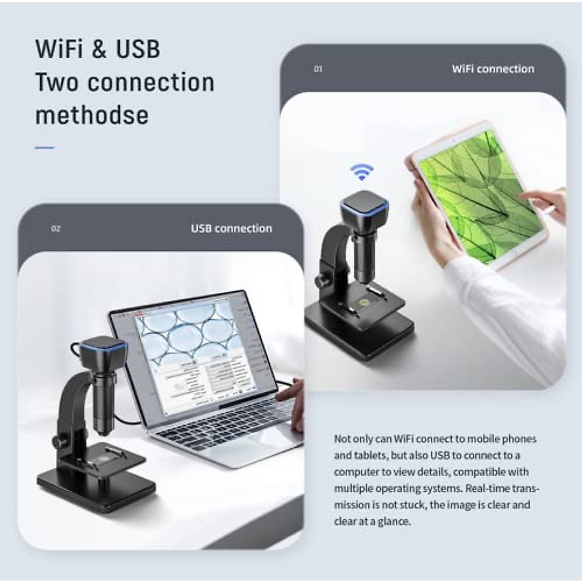 Digital Microscope, 0X-2000X Biological Microscope, WiFi ＆ USB Connection with Dual Lens, 11 LEDs, iOS ＆ Android Windows MacOS Compatible, for School Laboratory Home Education