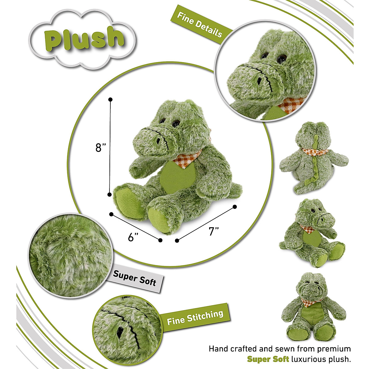 Puzzled DolliBu Plush Alligator Stuffed Animal - Soft Fur Huggable Green Alligator, Adorable Playtime Gator Plush Toy, Cute Wild Life Cuddle Gift for Kids & Adults - 8 Inch