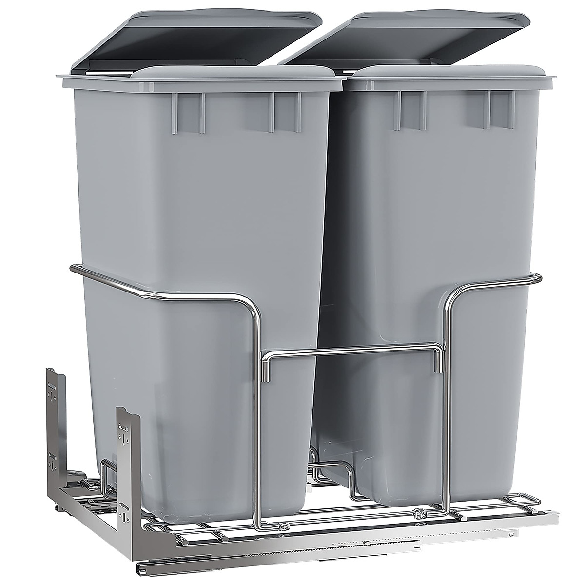 50-Quart Pull-Out Trash Can with Lid Double Bins, Sliding Under Mount Kitchen Pullout Waste Container Trash Can, Gray