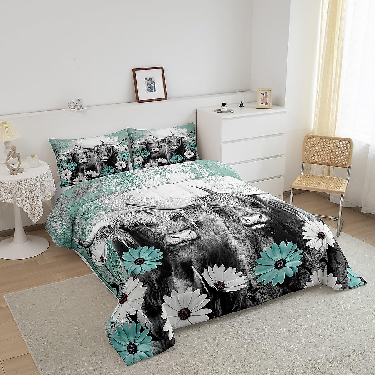 Highland Cow Bedding Comforter Sets Cowboys Gift for Men Boys, Bull Cattle Wildlife Bedding Set Western Farmhouse Comforter Set, Daisy Rustic Flowers Quilt Teal Graffiti Ombre Art Duvet Insert Queen