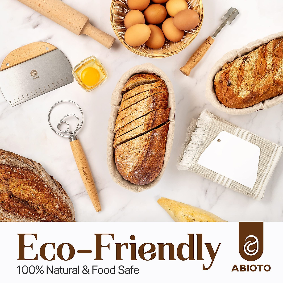 ABIOTO 2 10 Inch Oval Proofing Baskets for Sourdough Bread Baking & Supply, Includes All Necessary Bread Making Tool, Banneton Baskets, Bread Lame, Danish Whisk, Bowl & Dough Scrapers & Linen Liners
