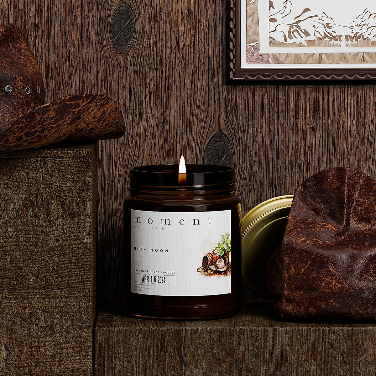 High Noon - Tobacco and Leather Scented Classic Jar Candle by Moment At Home | Natural Non Toxic Coconut Wax Candle | Hand Poured in The USA | 7 Ounce Long Lasting Up to 50 Hour Burn Time