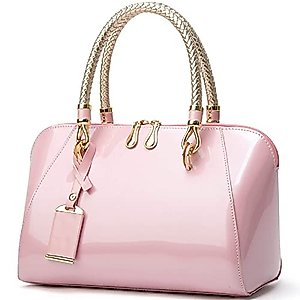 XingChen Shiny Patent Women Faux Leather Handbags Crossbody Bag Top Handle Purse Satchel Bag Shoulder Bag(Pink)