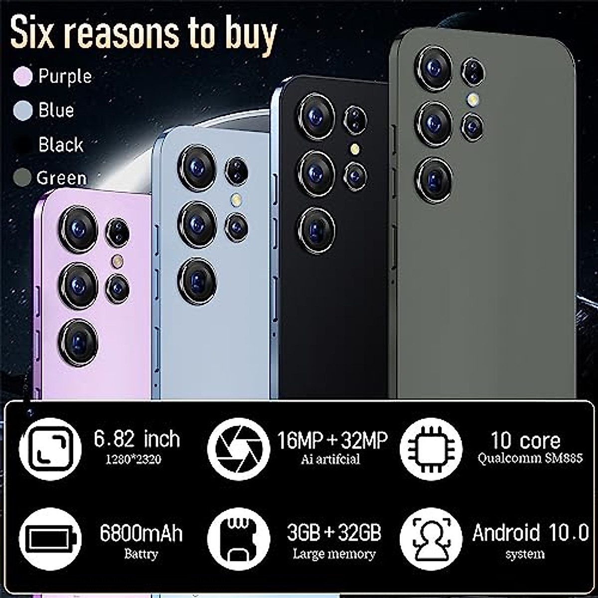 QIMHAI 6.82Inch Unlocked Cell Phone Android Phones 3GB RAM+32GB ROM Full Screen Straight Talk Phone Glass Back Cover Boost Mobile Phones Smart Phones Unlocked New for Android10.0 (Black)