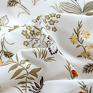 Floral Duvet Cover Queen Size - White Yellow Flowers and Green Leaf Spring Botanical Printed Microfiber Comforter Cover Set - 3PC 90X90 Soft and Lightweight Quilt Cover, Farmhouse Style for Women Men