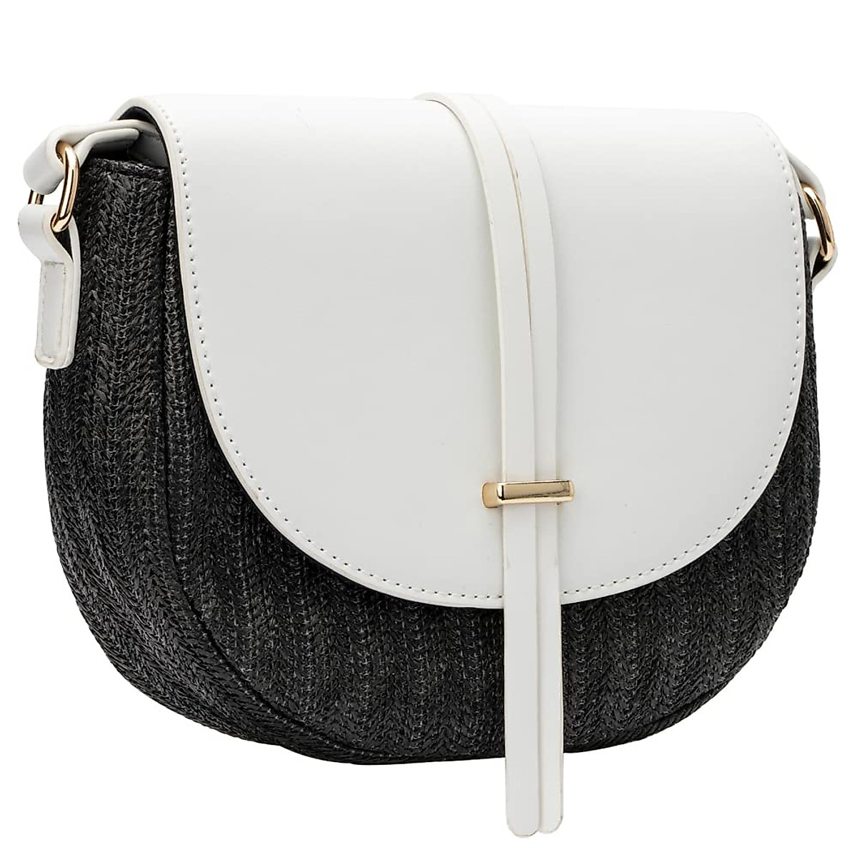 Olivia Miller Women's Fashion Rowan Natural Straw w PU Vegan Leather Front Flap, Black White Small Crossbody Bag w Adjustable Strap, Evening Everyday Casual Work Purse Handbag