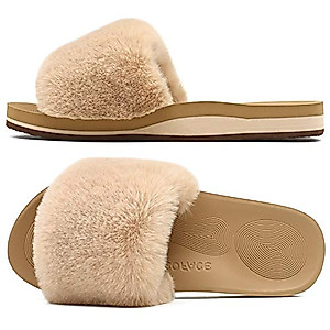 COFACE Womens Sliders Plush House Slippers Flat Sandals For Women Memory Foam Fuzzy Open Toe Slippers With Arch Support Anti Skid Ladies Slip On Fur Slide House Shoes Mules Indoor Outdoor