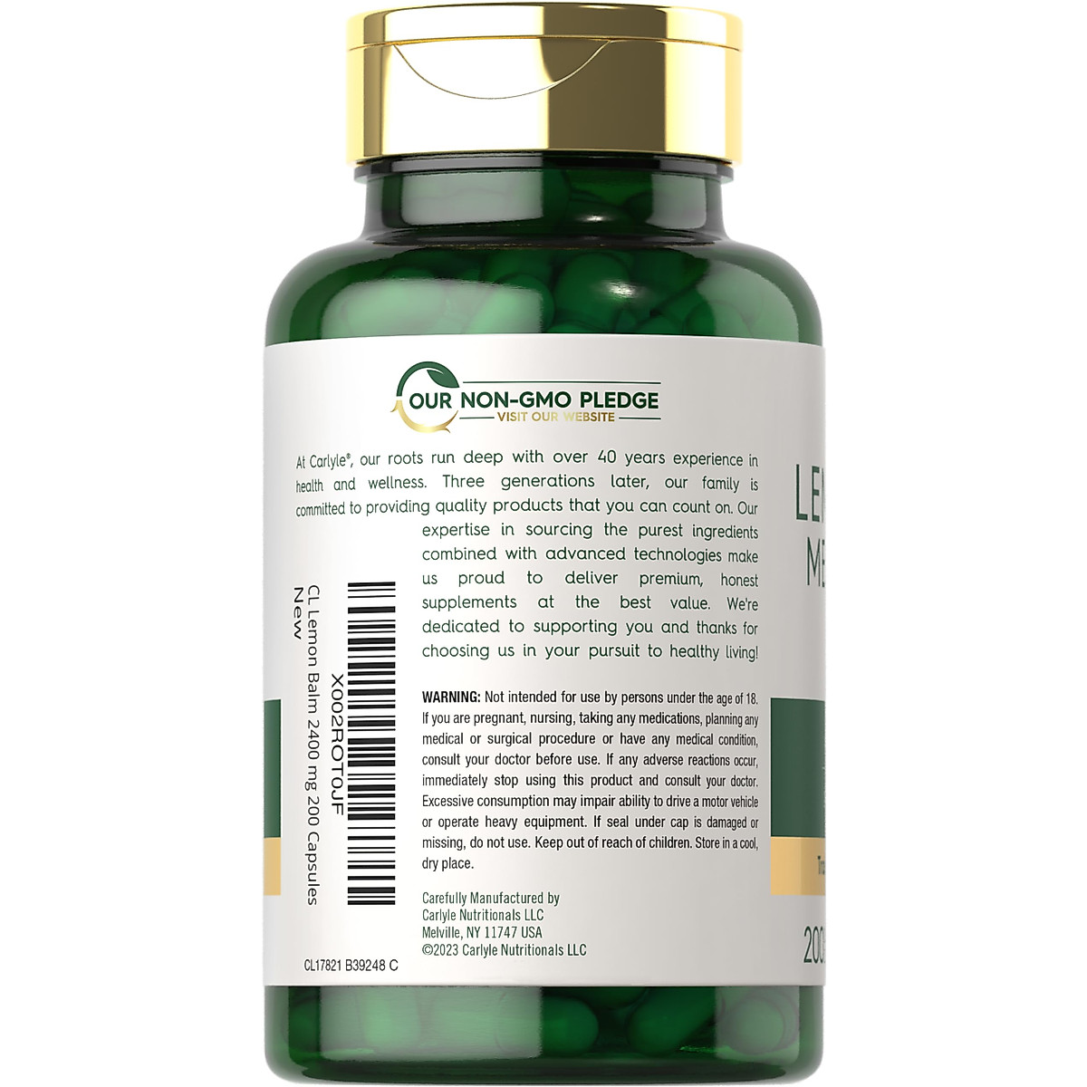 Carlyle Melissa Lemon Balm | 200 Capsules | Non-GMO and Gluten Free Formula | Melissa Leaf Traditional Herbal Supplement | Super Concentrated Extract