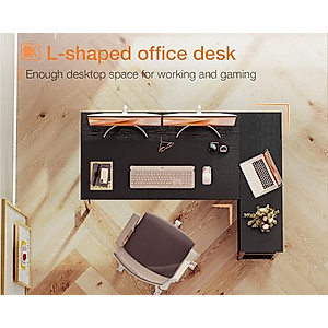 ODK Small L Shaped Computer Desk, 48 Inch Corner Desk with Reversible Storage Shelves & Iron Hook, Modern Simple Writing Study Table, Black