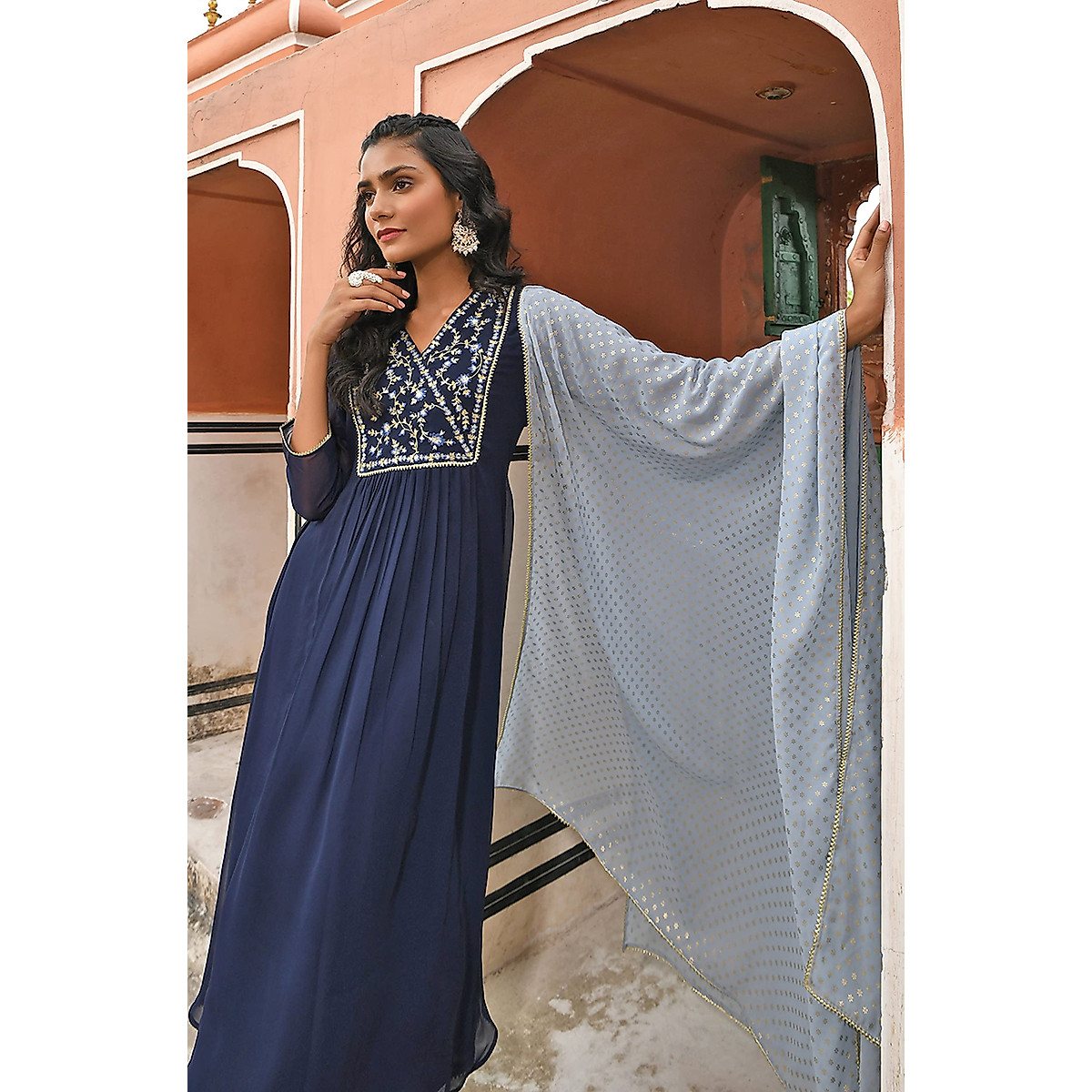 Janasya Indian Women's Navy Blue Georgette Embroidered Kurta with Flared Palazzo and Dupatta